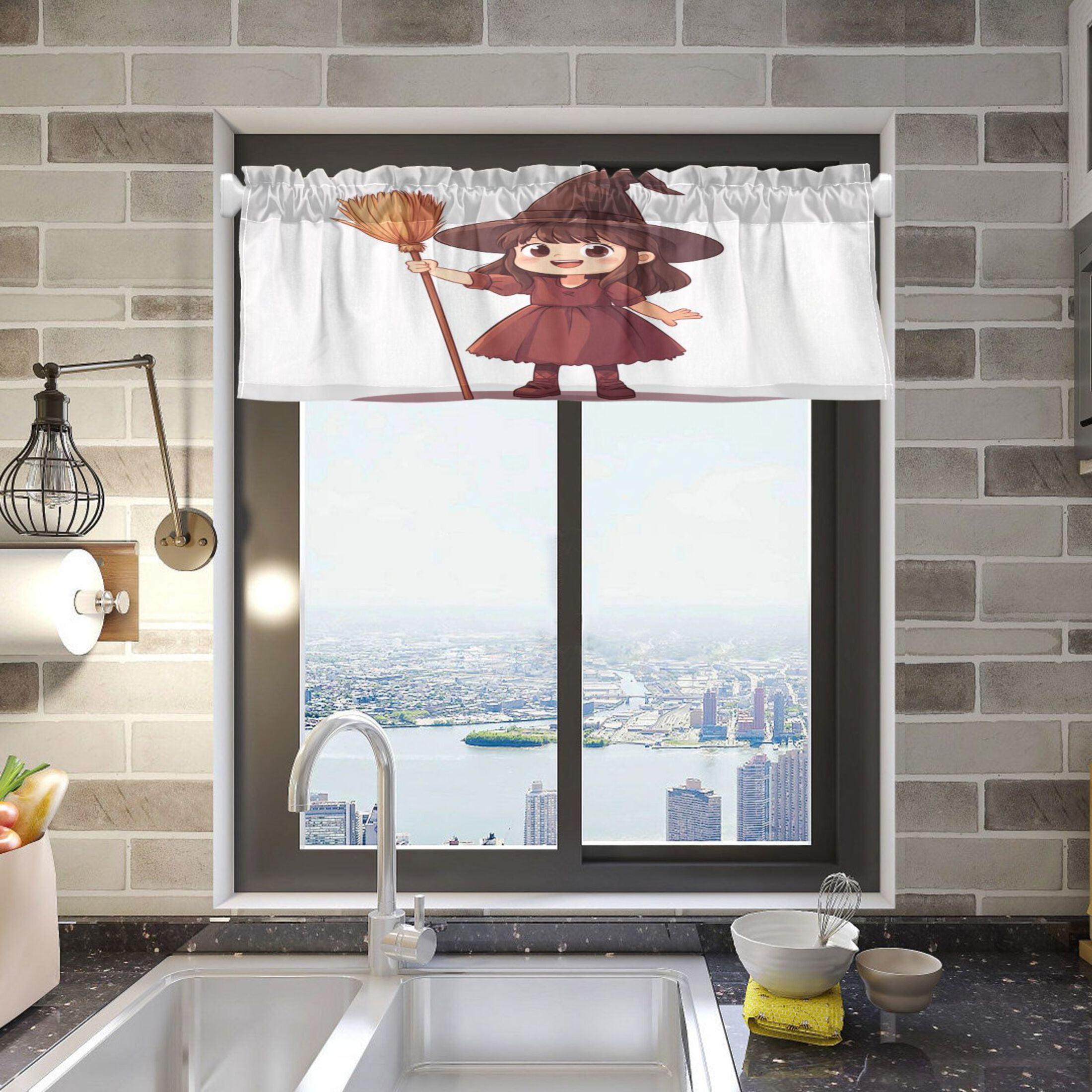 Little Girl Holding A Broom Curtain Valances Window Treatment Rod ...