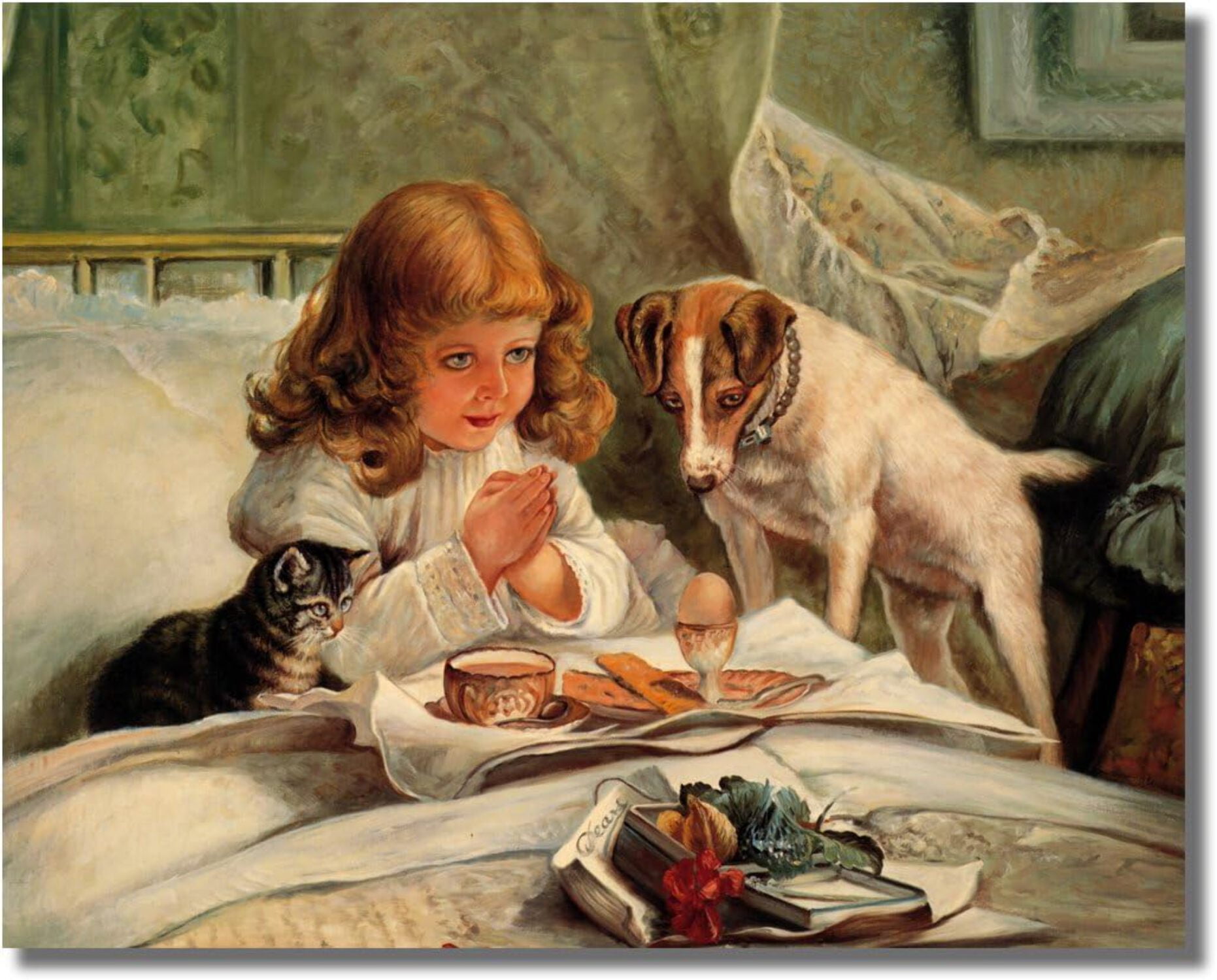 Little Girl Praying in Bed Breakfast Dog and Cat Religious Wall Picture ...