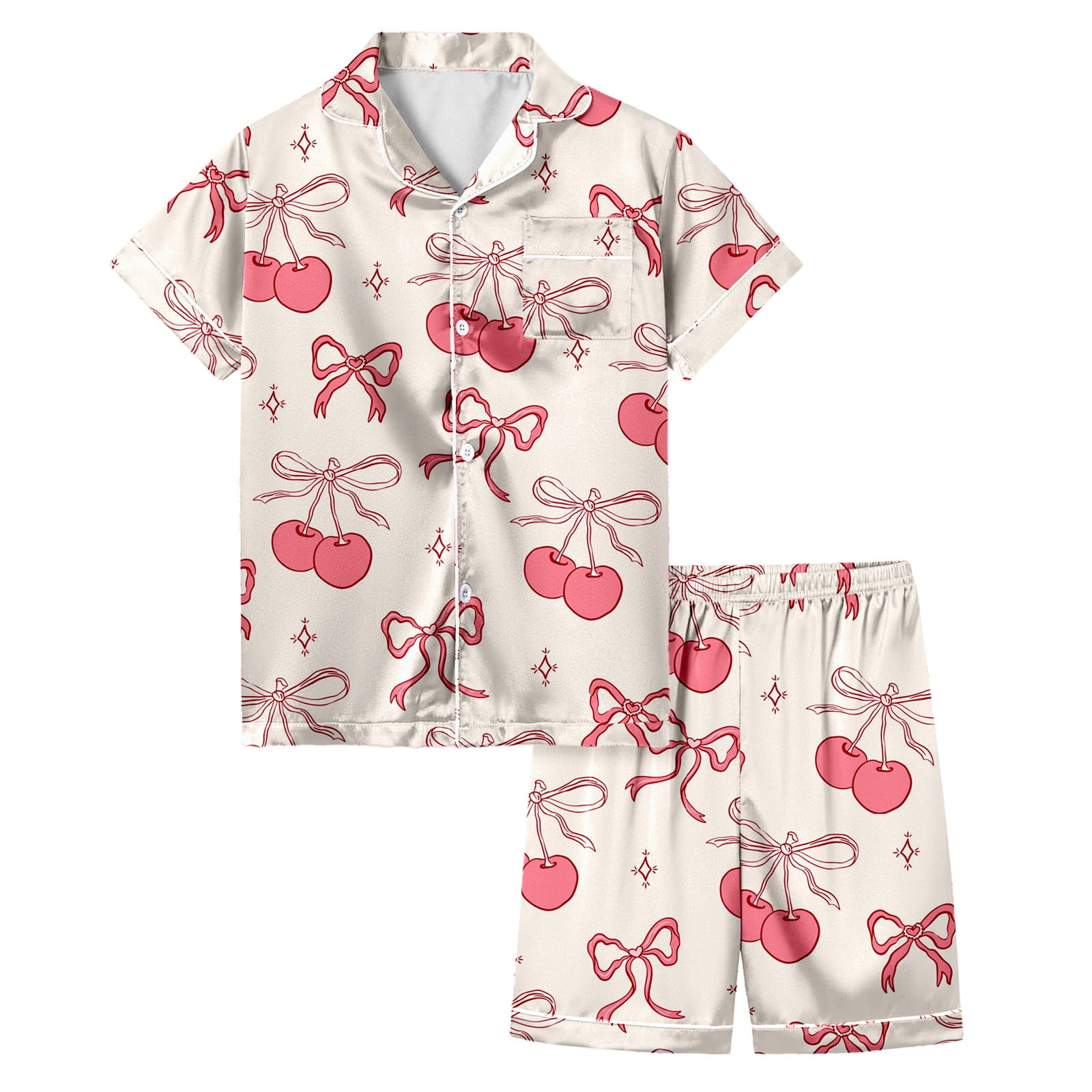 Little Girl Satin Pajamas Cute Shorts Sleeve V Neck Floral Print Bow ...