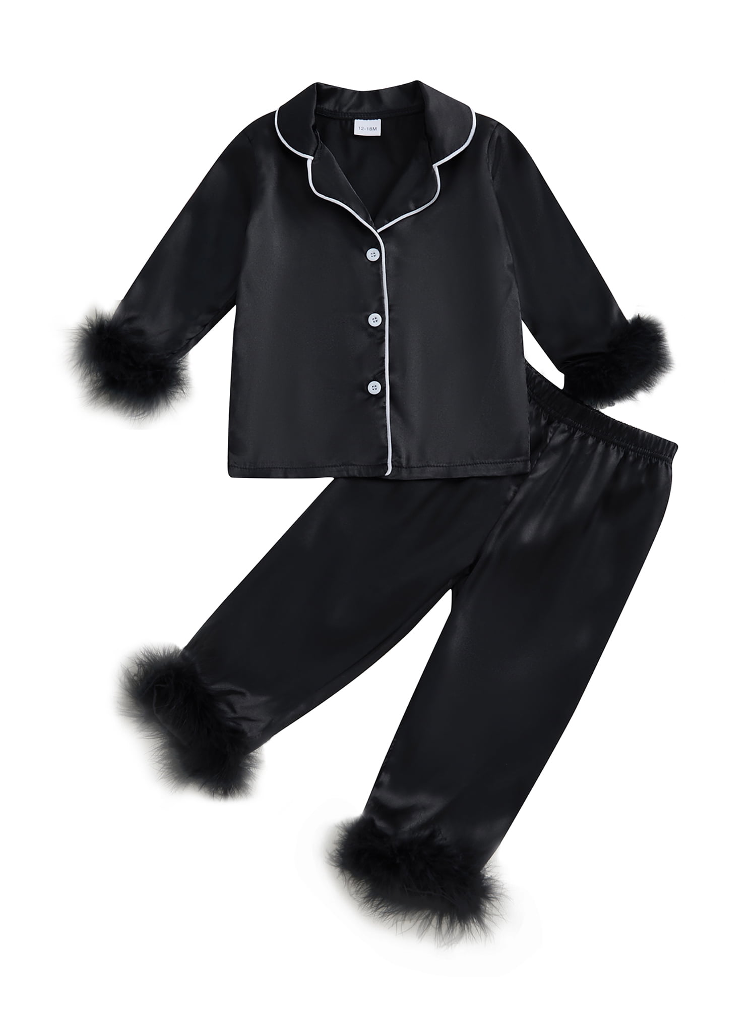 Little Girl Satin Silk Pajama Set Fuzzy Trim Long Sleeve Button Down ...