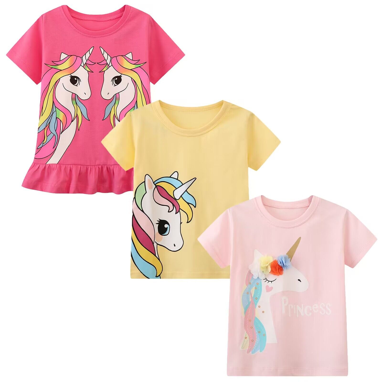 Girl's Cotton T-Shirts, Unicorn Print, Round Neck, 3-Pack, Size 6, Pink ...