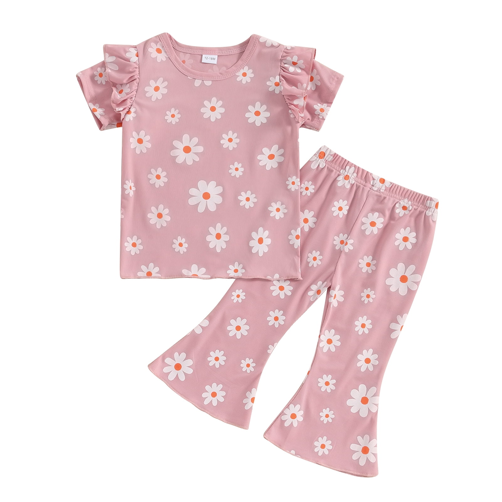 Little Girl Summer Set Floral Print Short Sleeve Tops with Bell-Bottom ...