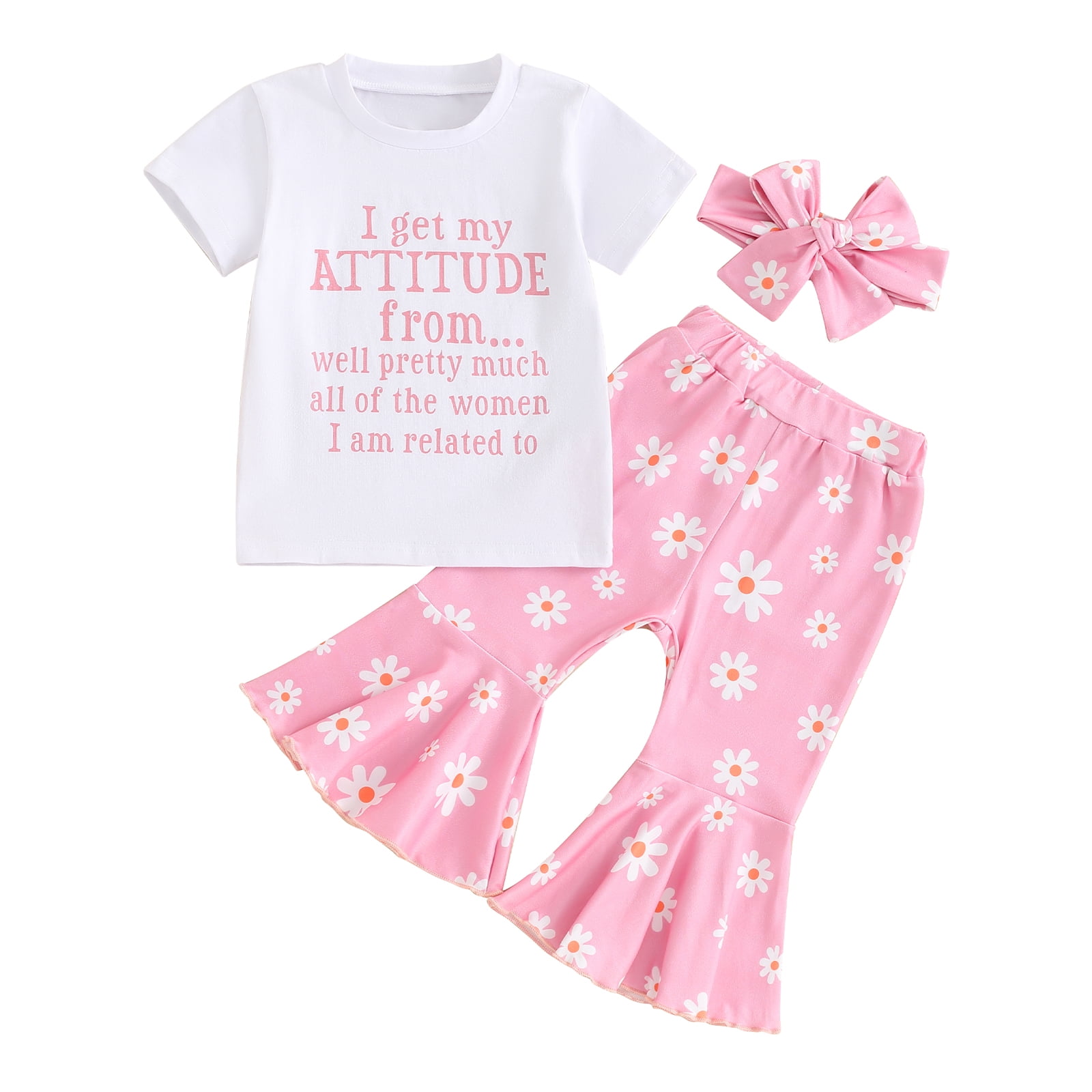 Little Girl Summer Set, Short Sleeve Letter Print Tops Elastic Waist Flower Flare Pants Headband ...