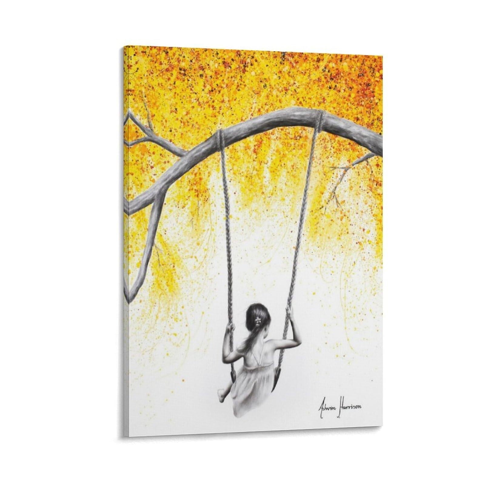 Little Girl On A Swing Autumn Scenery Posters For Girls Room Poster ...