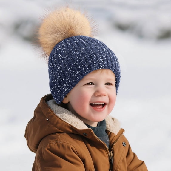 Little Girl Winter Hat Knitted Beanie Hat with Pompom Warm Ski Cap for ...