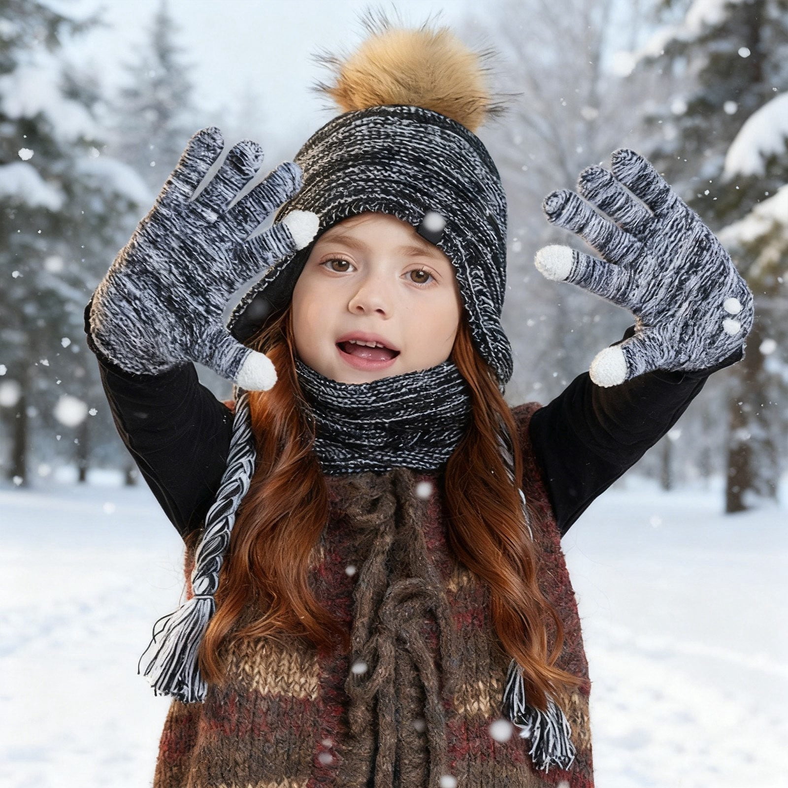 Little Girl Winter Hat with Ear Flaps Scarf Glove Set, Knitted Fleece ...