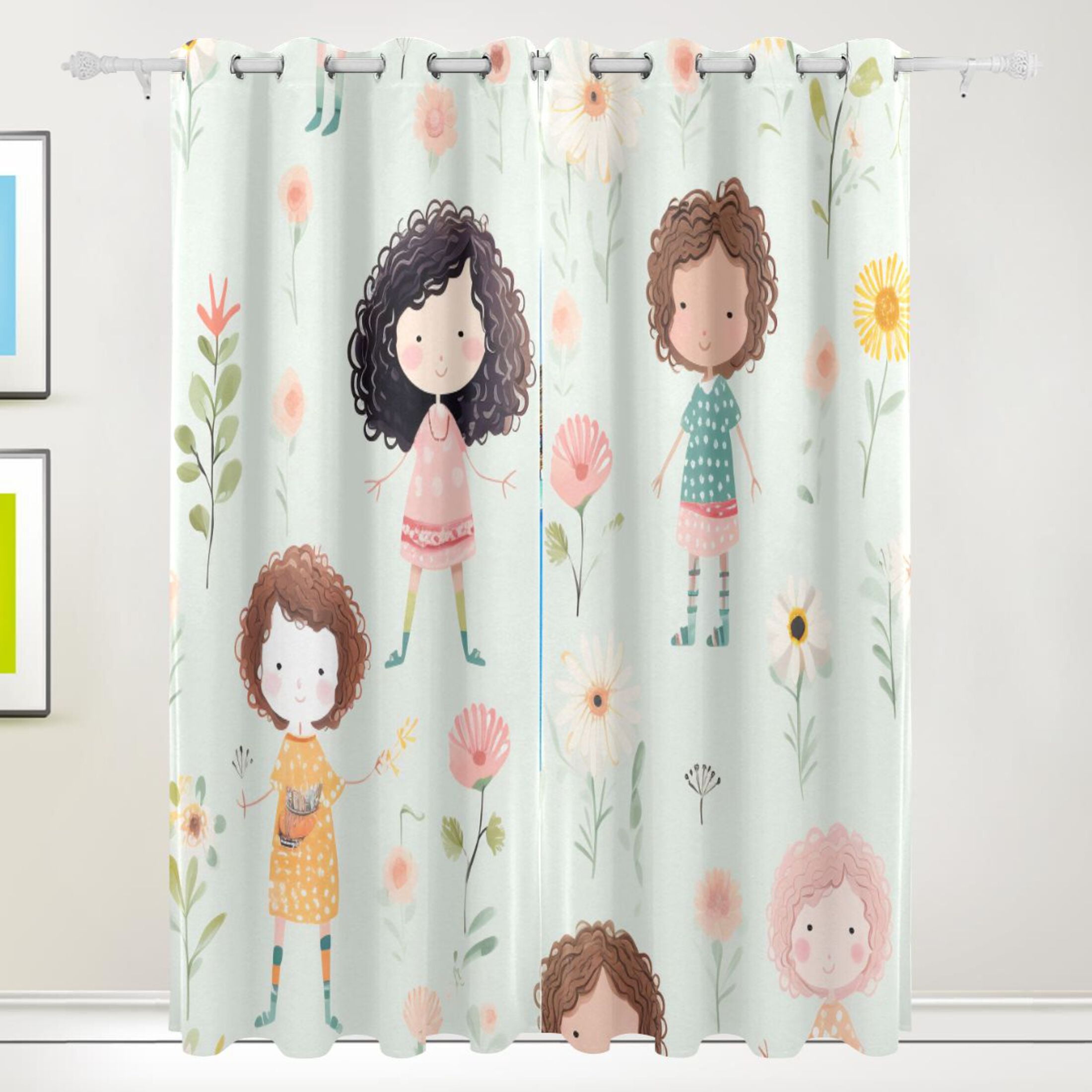 Little Girl and Flower Blackout Curtains 2 Panels Set Grommet Drapes ...