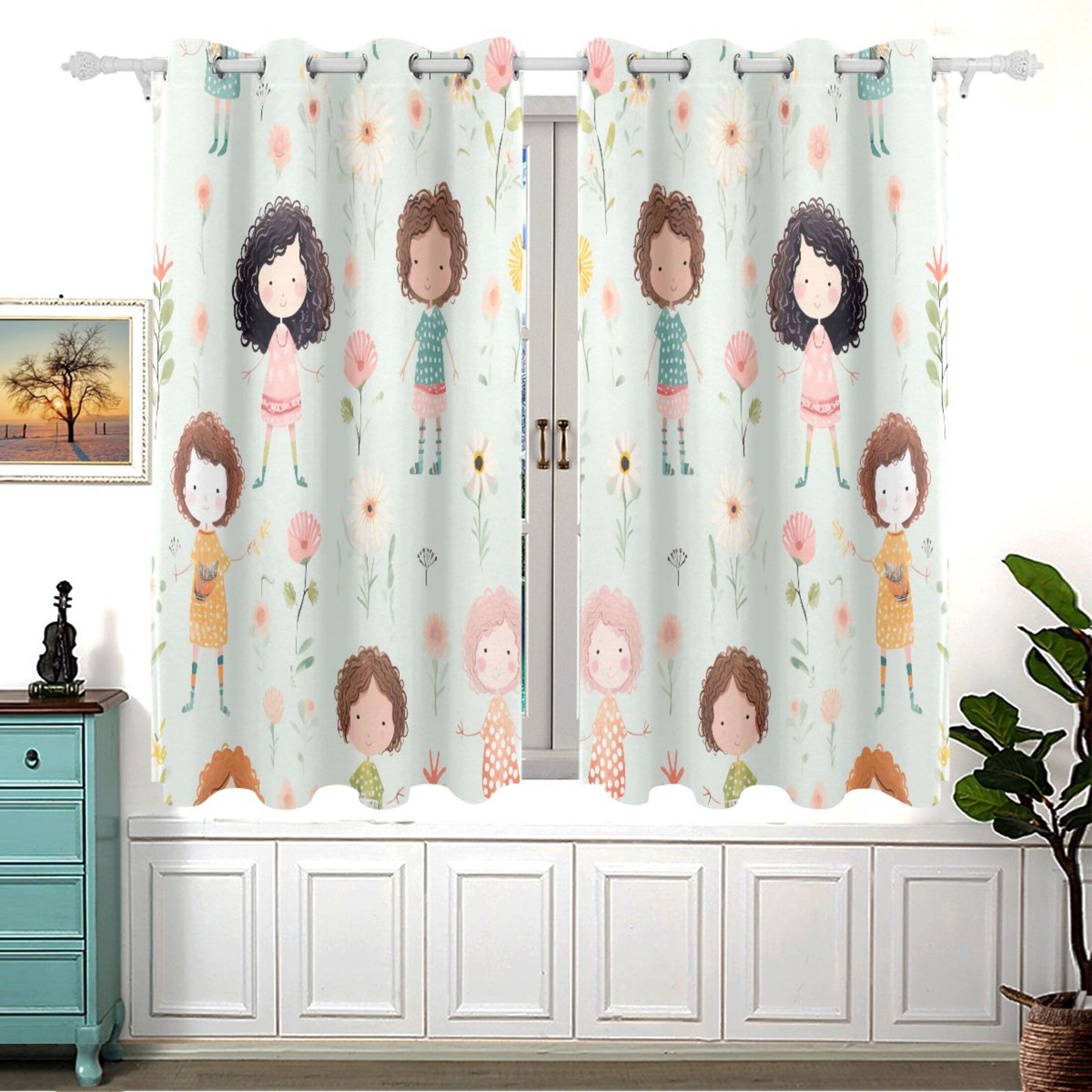 Little Girl and Flower Blackout Curtains for Bedroom 54x55 in 2 Panels ...