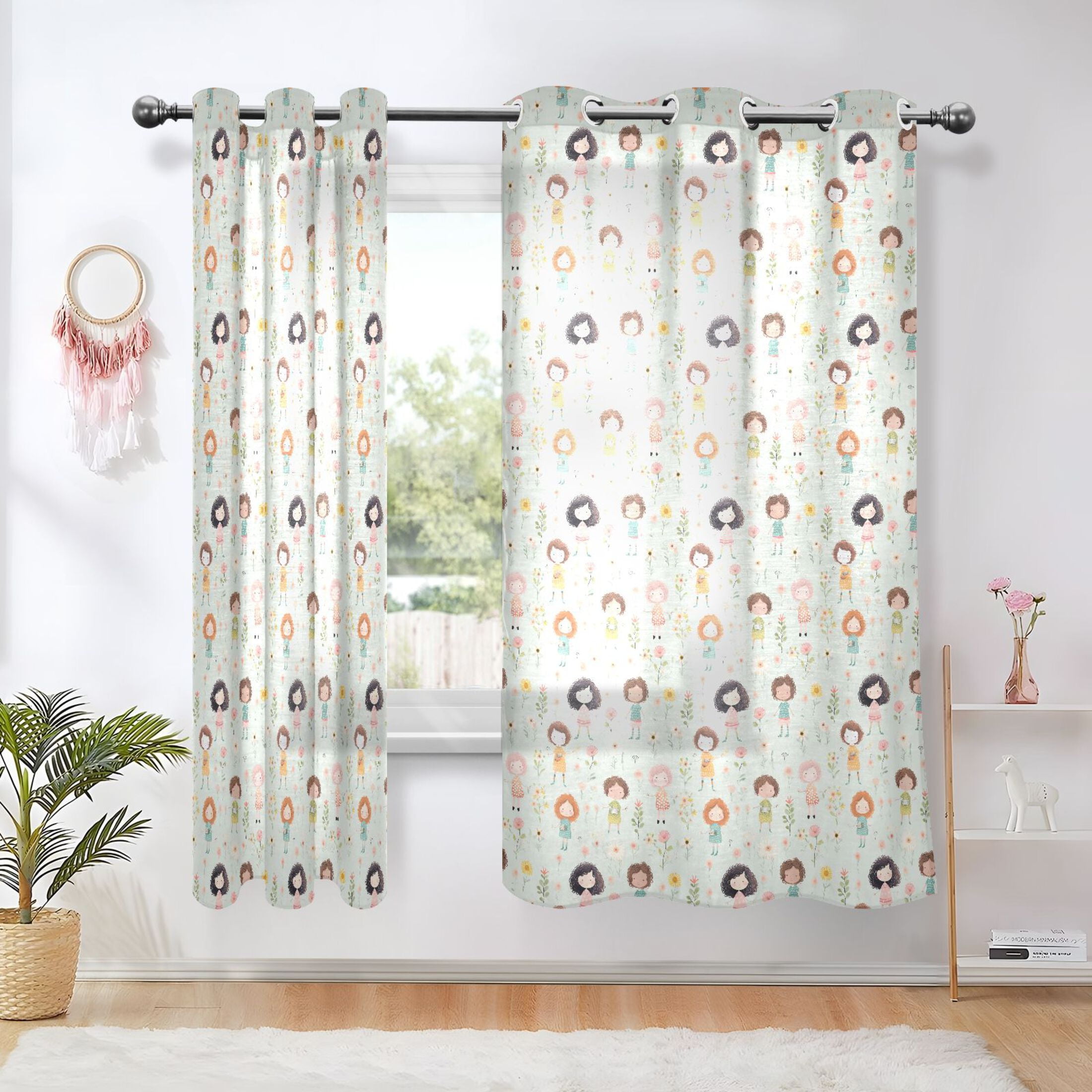Little Girl and Flower Sheer Curtains 2 Panels Set Grommet Drapes for ...