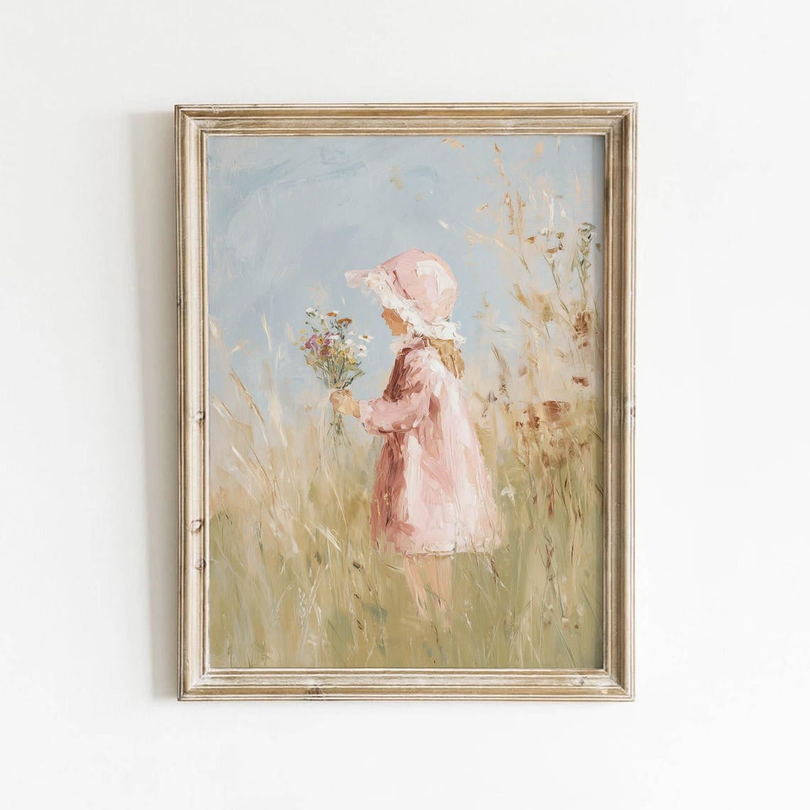 Little Girl in Pink Bonnet Pastel Cottagecore Spring Summer Decor Retro ...