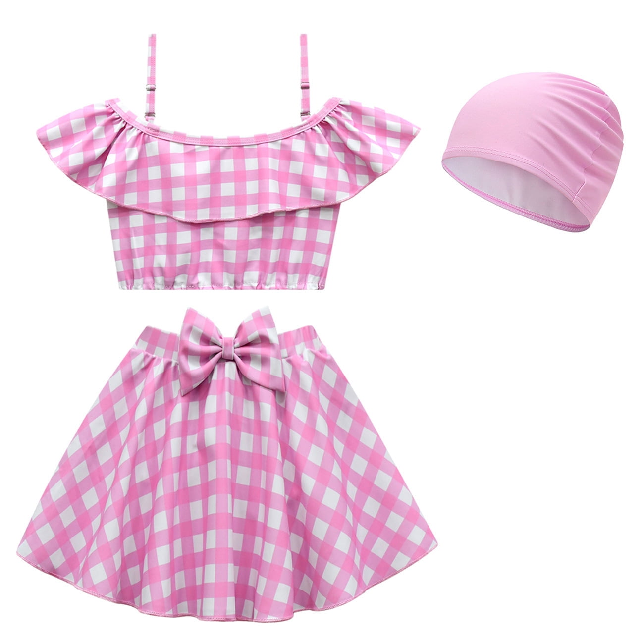 Little Girls Bathing Suit Pink Plaid Two Piece Off Shoulder Swimsuit ...