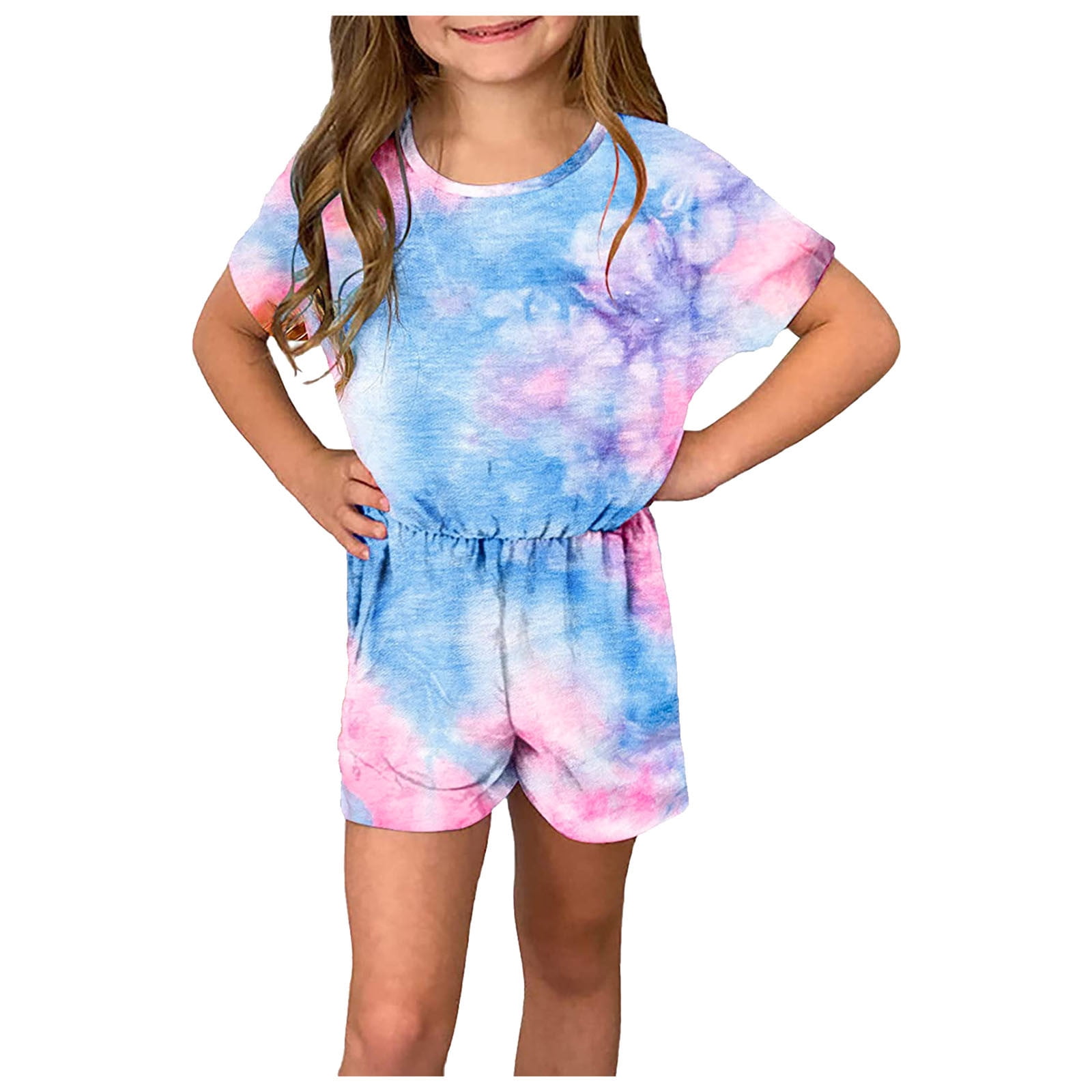 Little Girls Bodysuits Rainbow Tie-Dyed Printed Short Sleeve Jumpsuit ...
