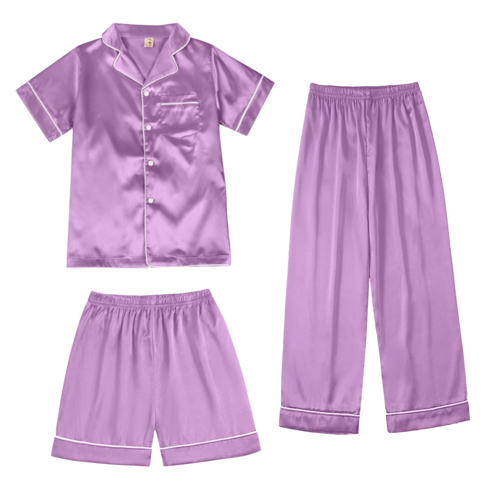 Little Girls Boys Button Down Pajama Sets Kids Satin Silk Short Sleeve ...