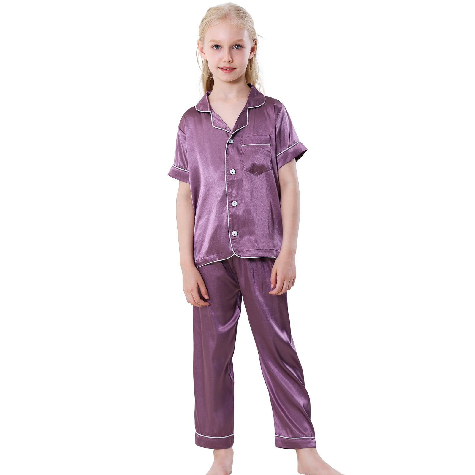 Little Girls Boys Button Down Pajama Sets Kids Satin Silk Short Sleeve ...