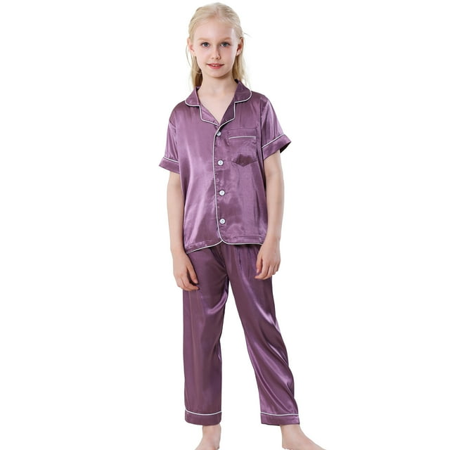 Little Girls Boys Button Down Pajama Sets Kids Satin Silk Short Sleeve ...