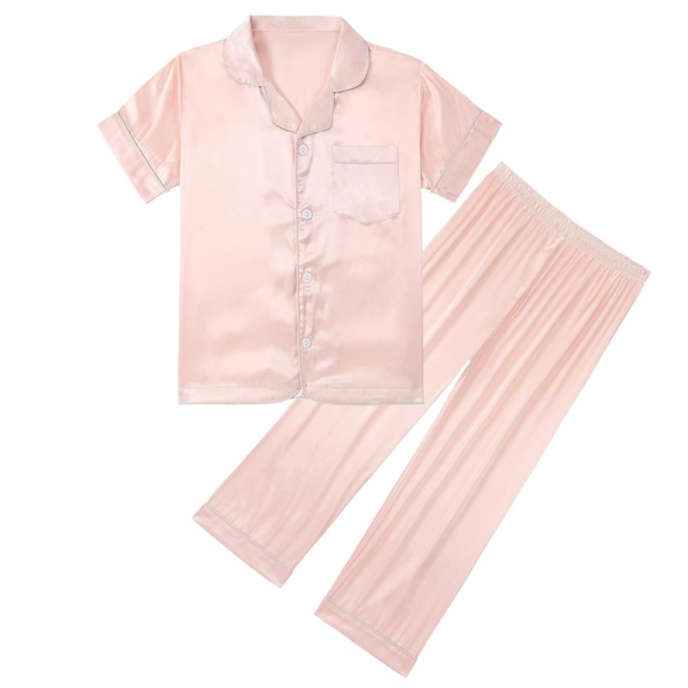 Little Girls Boys Button Down Pajama Sets Kids Satin Silk Short Sleeve ...