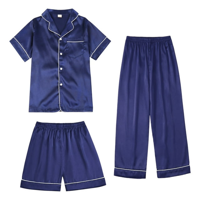 Little Girls Boys Button Down Pajama Sets Kids Satin Silk Short Sleeve ...
