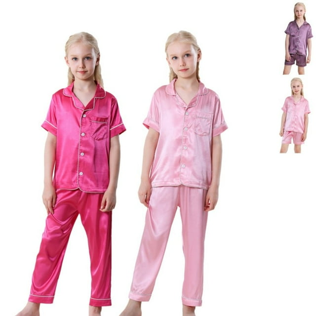 Little Girls Boys Button Down Pajama Sets Kids Satin Silk Short Sleeve ...
