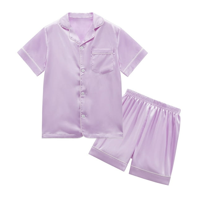 Little Girls Boys Button Down Pajama Sets Kids Satin Silk Short Sleeve ...
