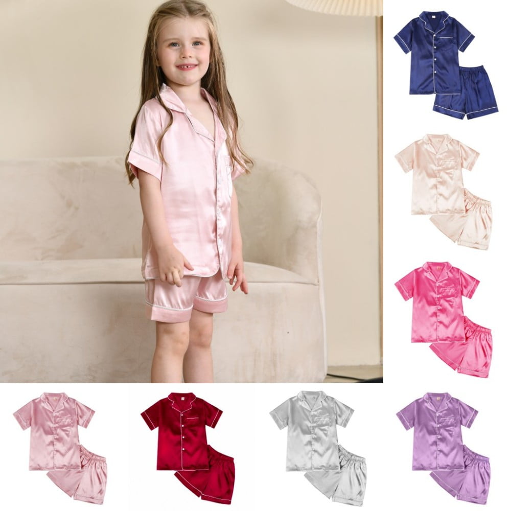 Little Girls Boys Button Down Pajama Sets Kids Satin Silk Short Sleeve ...