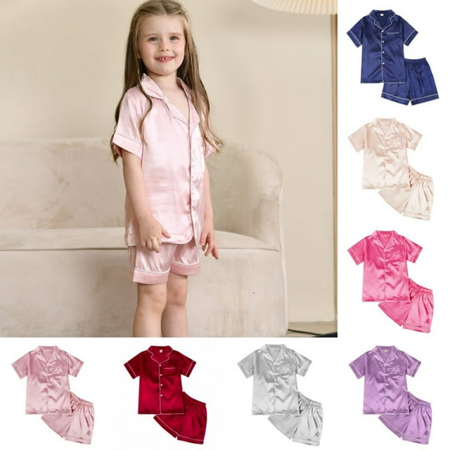 Little Girls Boys Button Down Pajama Sets Kids Satin Silk Short Sleeve ...
