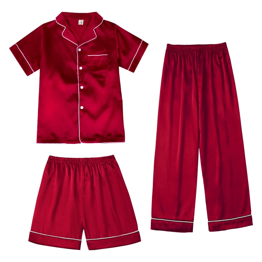 Little Girls Boys Button Down Pajama Sets Kids Satin Silk Short Sleeve ...