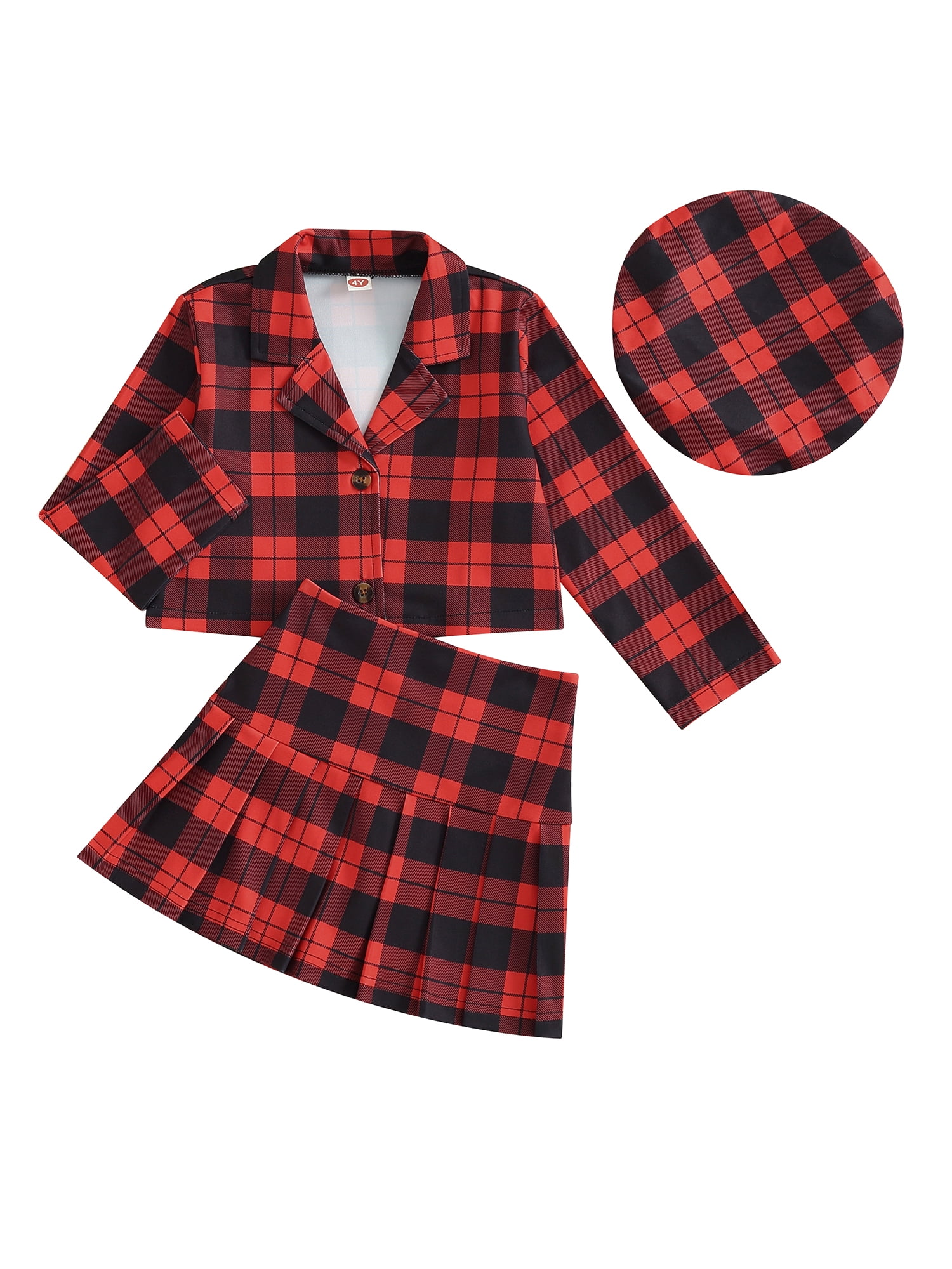 Little Girls Christmas Red Plaid Lapel Crop Coat Pleated Mini Skirt ...
