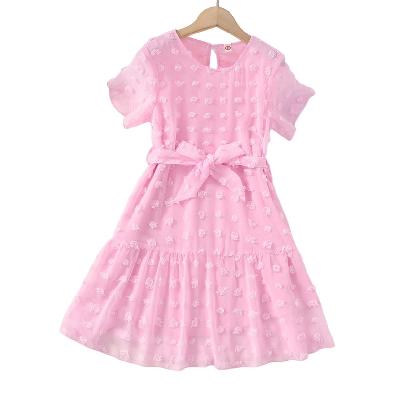 Little Girls Clothes Jacquard Flower Round Neck Short Sleeve Dress with ...