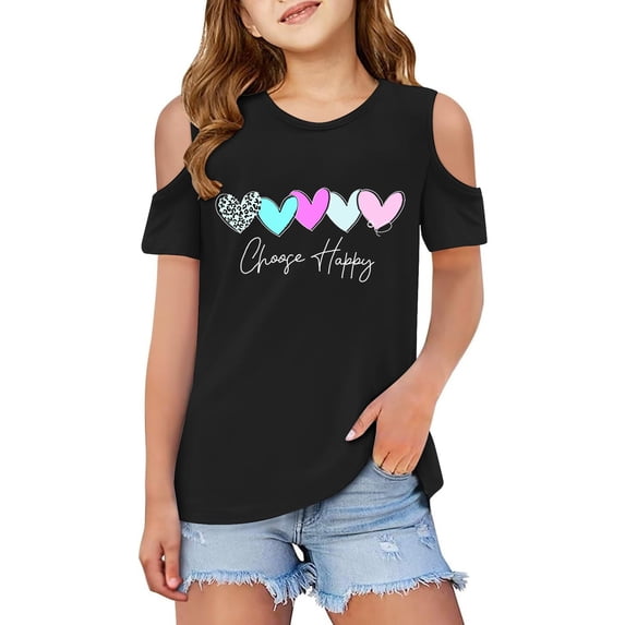 Little Girls'Cute T Shirts Round Neck Off Shoulder Heart Shape Letter ...
