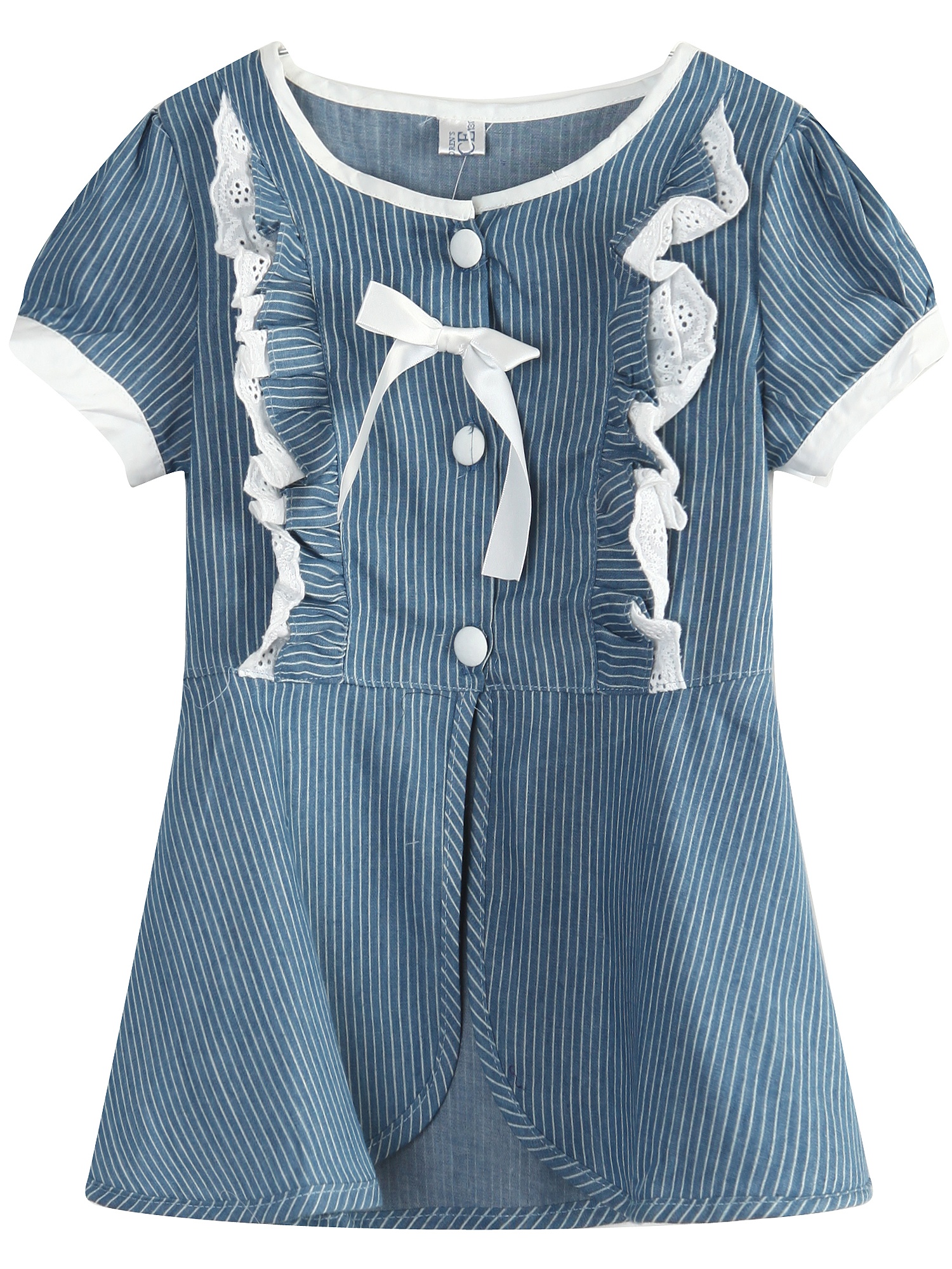 Little Girls Dark Blue Striped Lace Trim Bow Accent Top 3 - Walmart.com