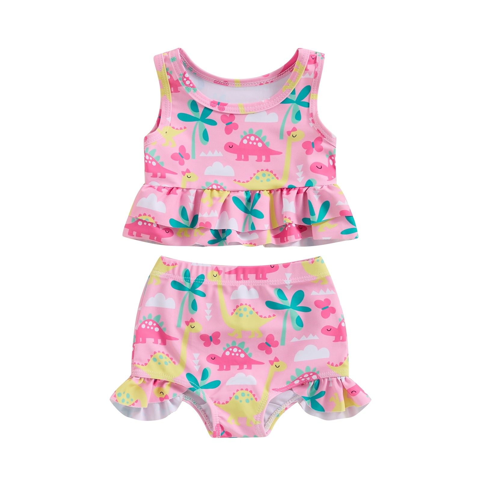 Little Girls Dinosaur Swimsuit Set, Round Neck Layered Ruffled Hem Tank ...
