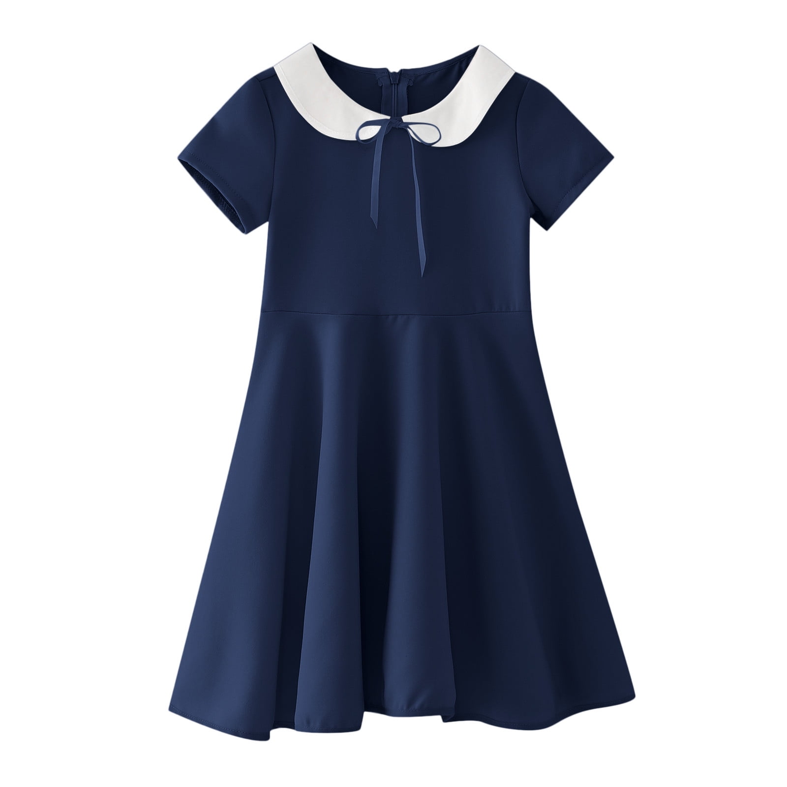 Little Girls Dresses Short Sleeve Solid Color Peter Pan Collar School ...
