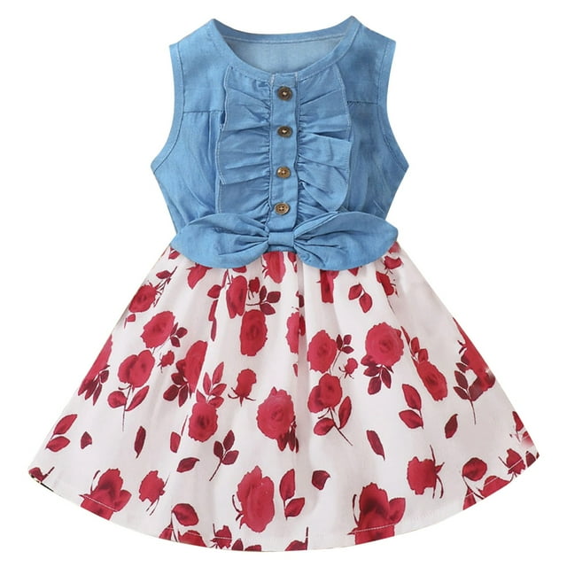 Little Girls Dresses Sleeveless Denim Tops Sundress Floral Print Tutu ...