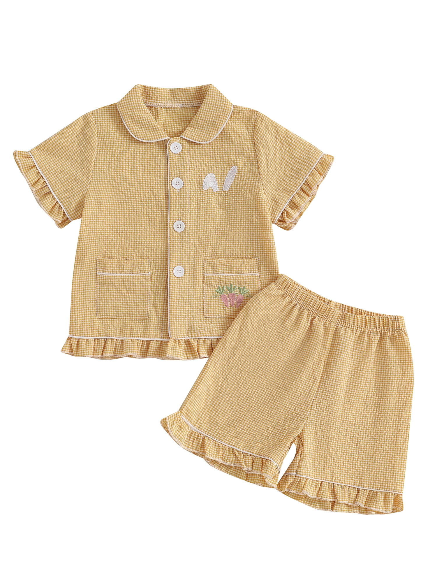Little Girls Easter Pajama Set Bunny Carrot Embroidery Plaid Ruffle Hem ...