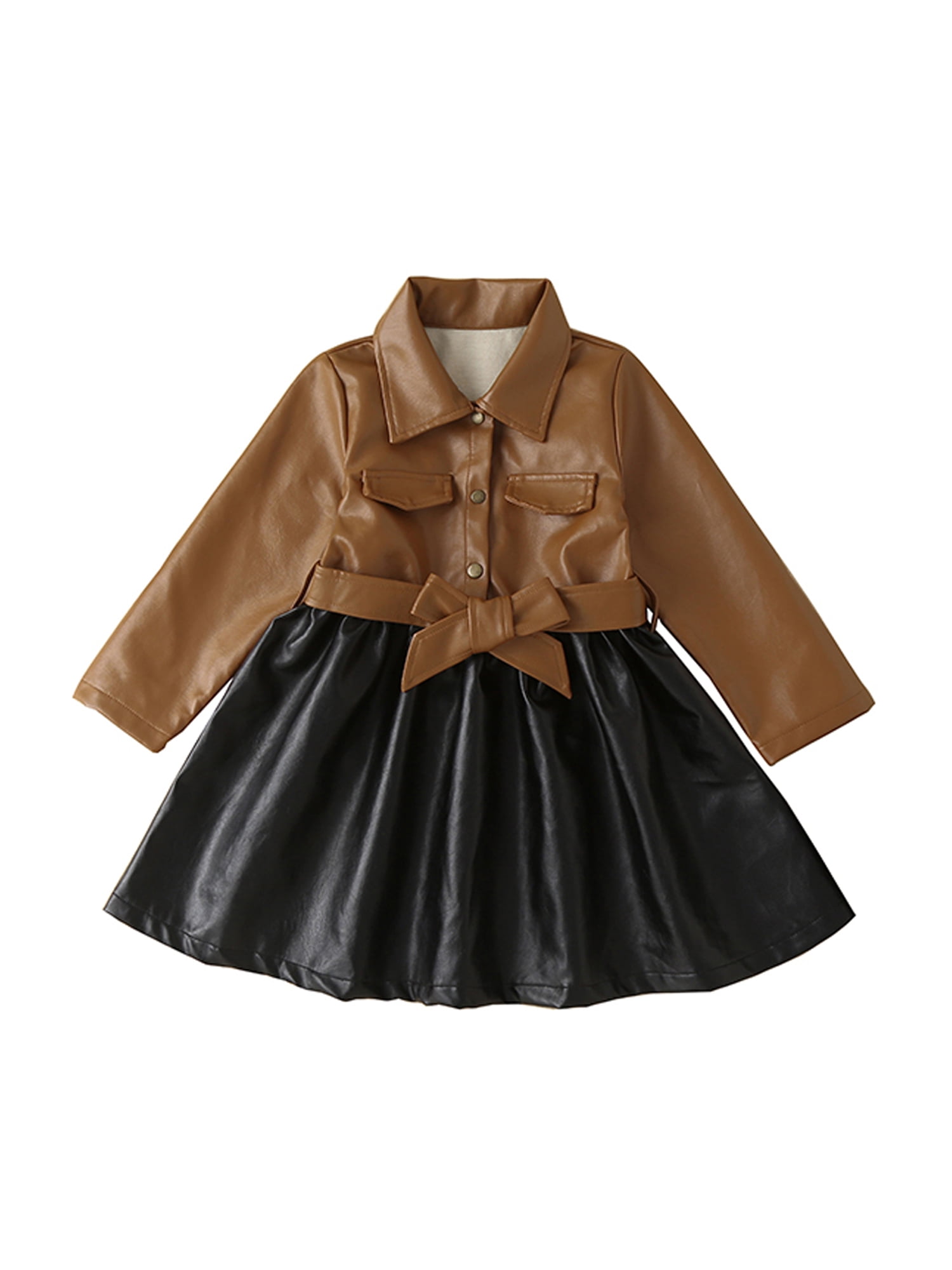 Little Girls Fashion Streetwear Dress, Long Sleeve Button Closure PU ...
