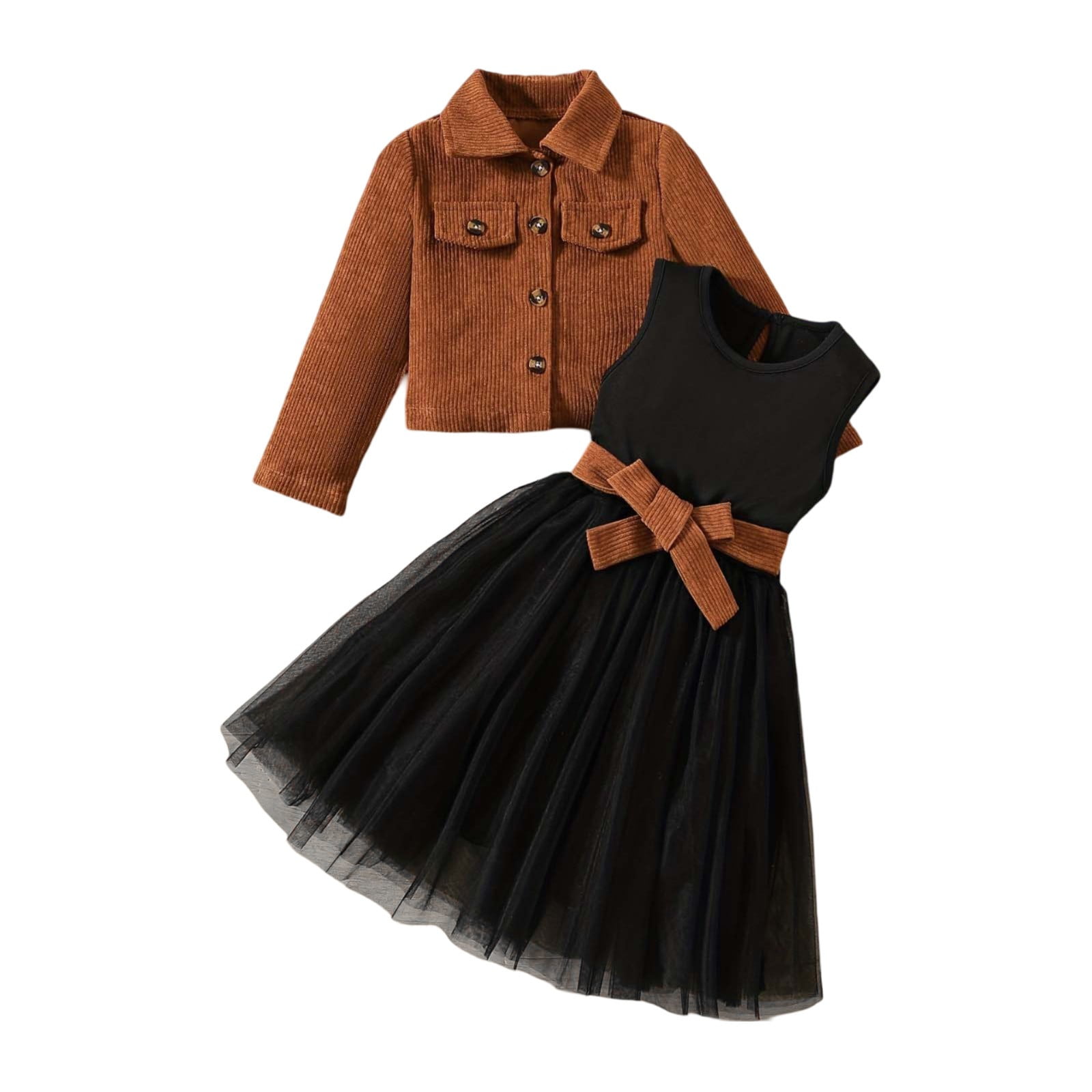 Little Girls Girls Corduroy Dress Set Brown Long Sleeve Top Vest Skirt ...