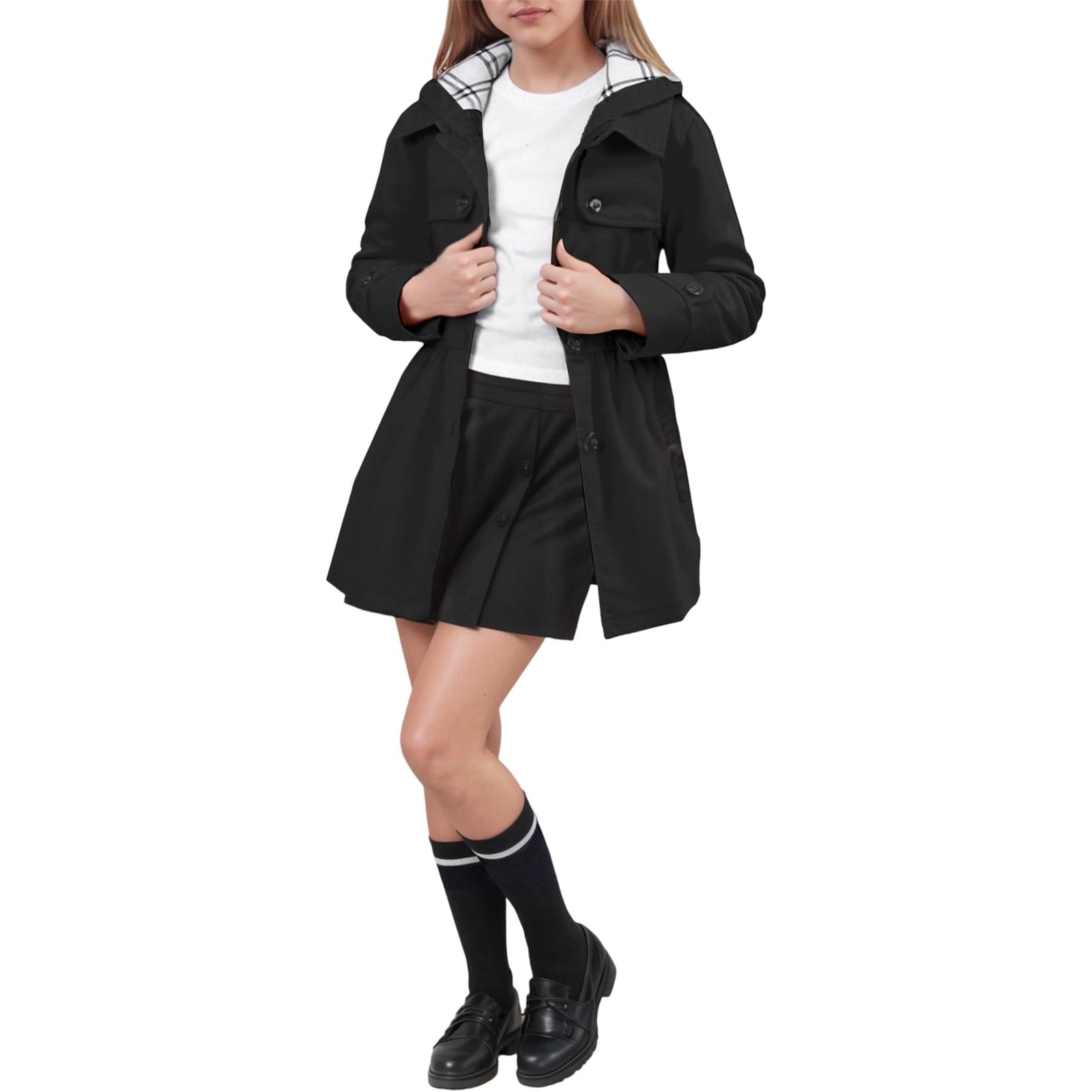 Little Girls Jacket Detachable Hood Trench Coat With Button Front Waist ...