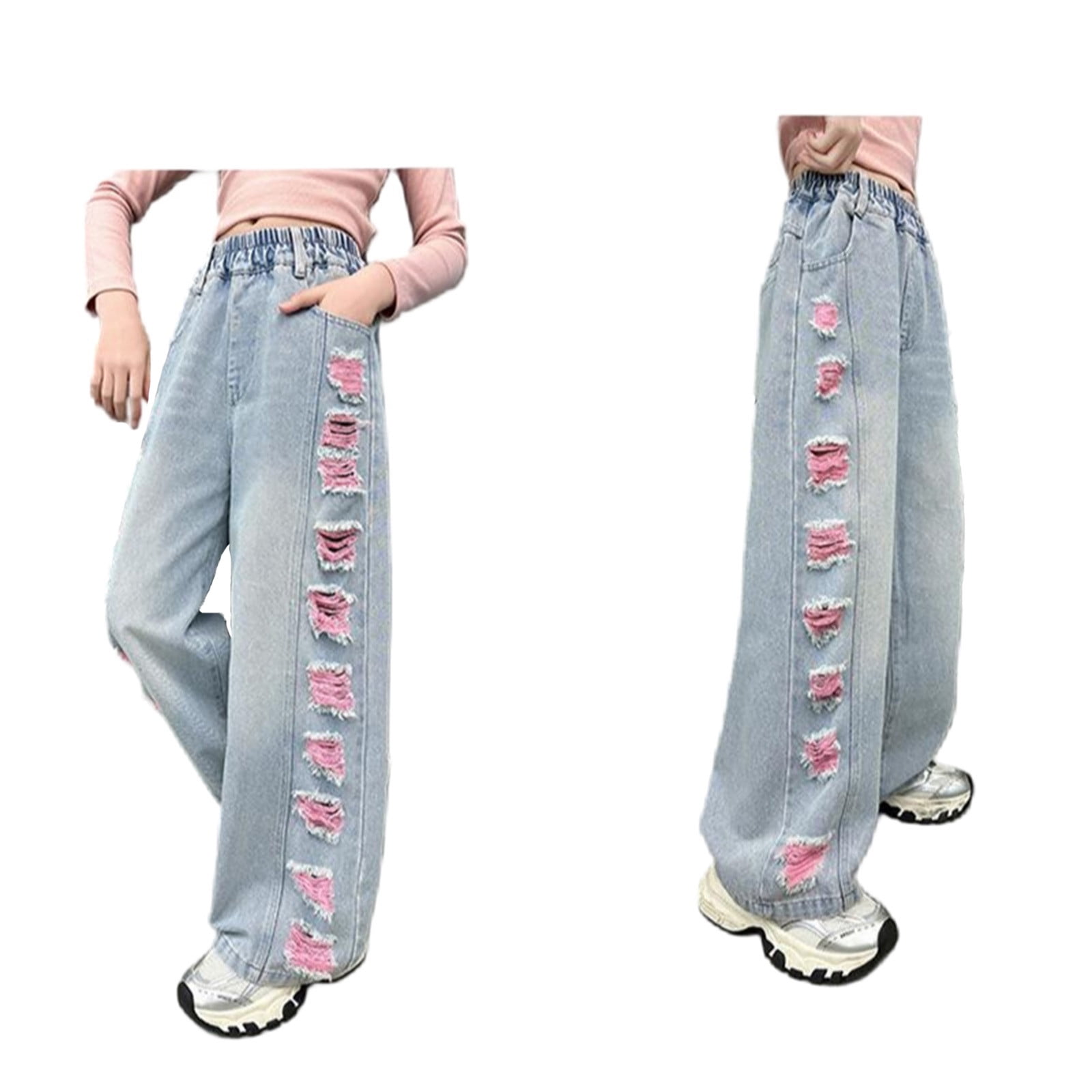 Little Girls' Jeans Ripped Baggy Wide Jeans Denim Trousers Streetwear ...