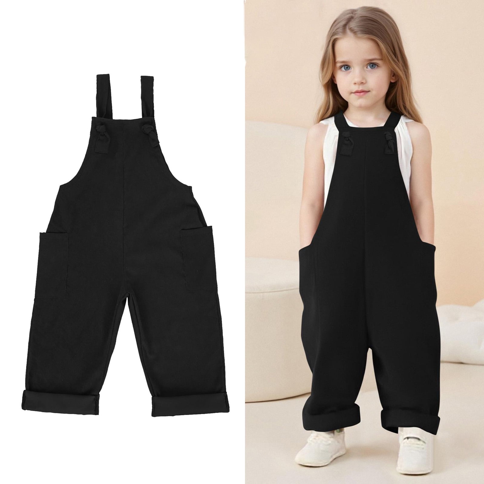 Little Girls Jumpsuits Rompers Comfortable Black Bib Pants with Pockets ...