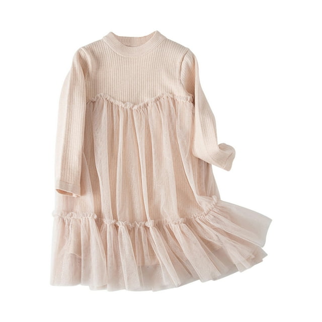 Little Girls Knit Dresses Long Sleeve Dressy Sundress Solid Color Mesh ...