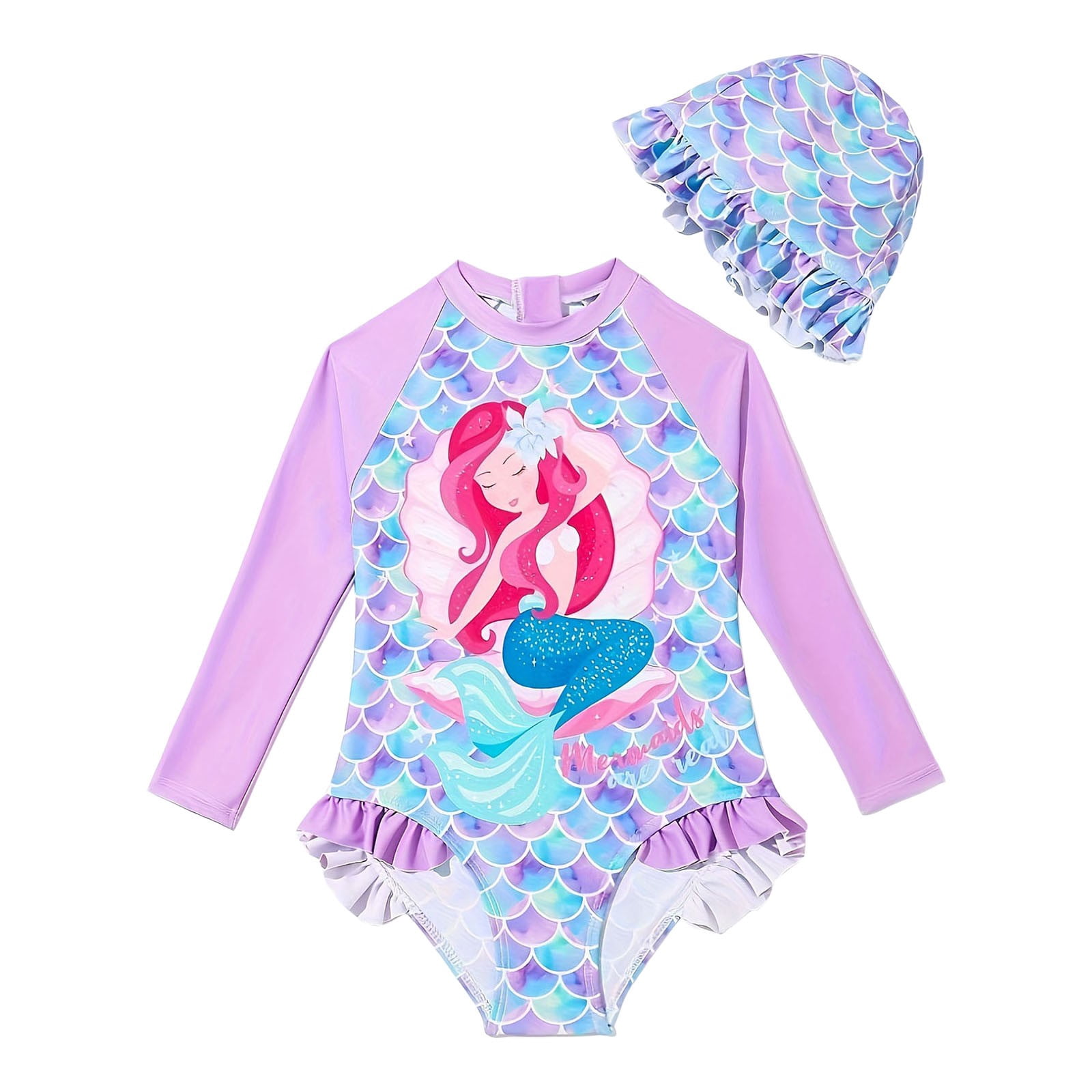 Little Girls Long Sleeve Swimsuit Floral Gradient Scale Print With ...