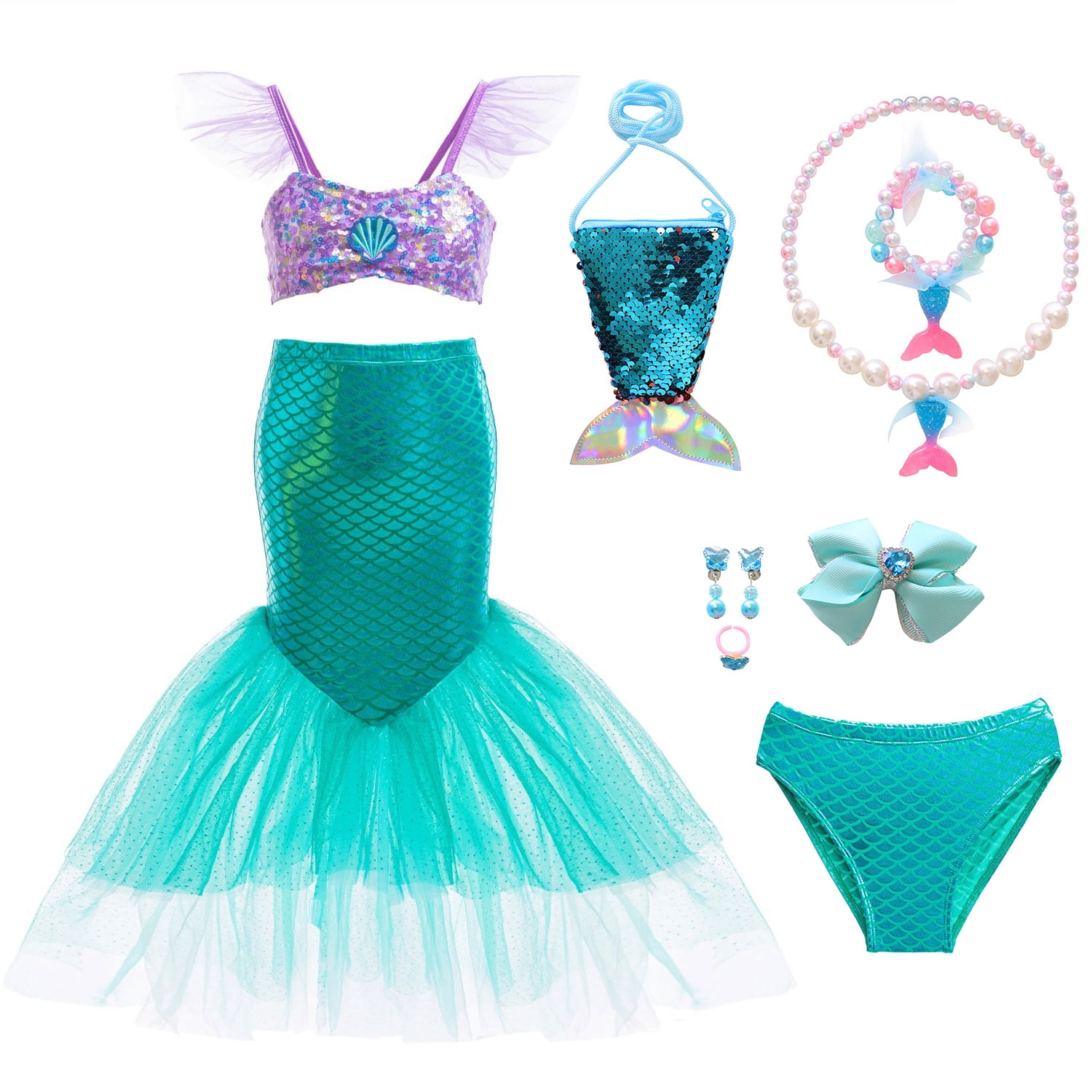 Little Girls Mermaid Costume w/Accessories Bathing Suit Beach Swimwear ...