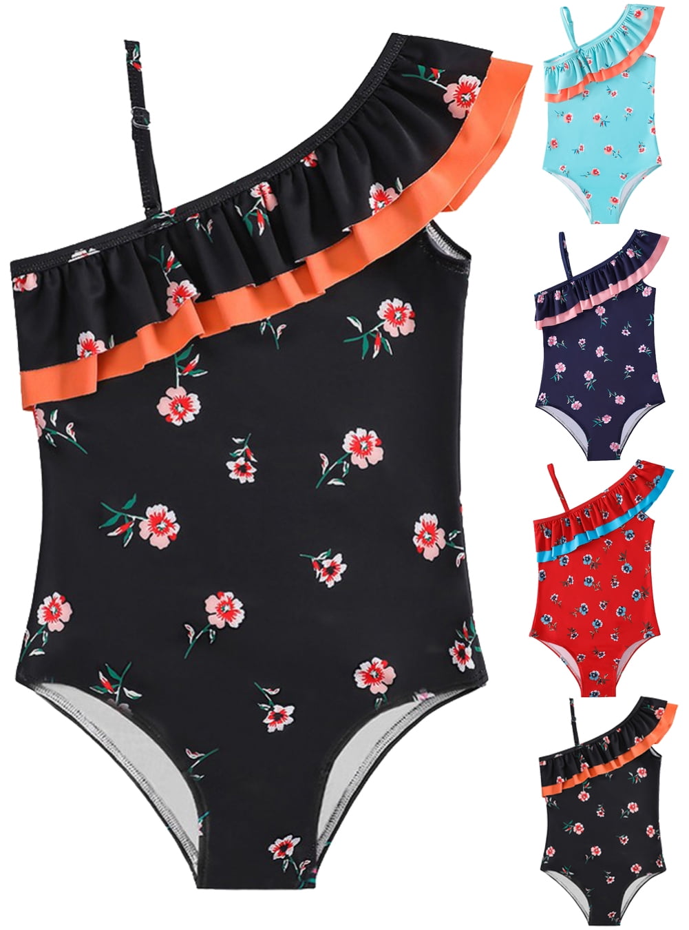 Little Girls One Piece Bikini Swimwear 1-Shoulder Ruffled Edge Bathing ...