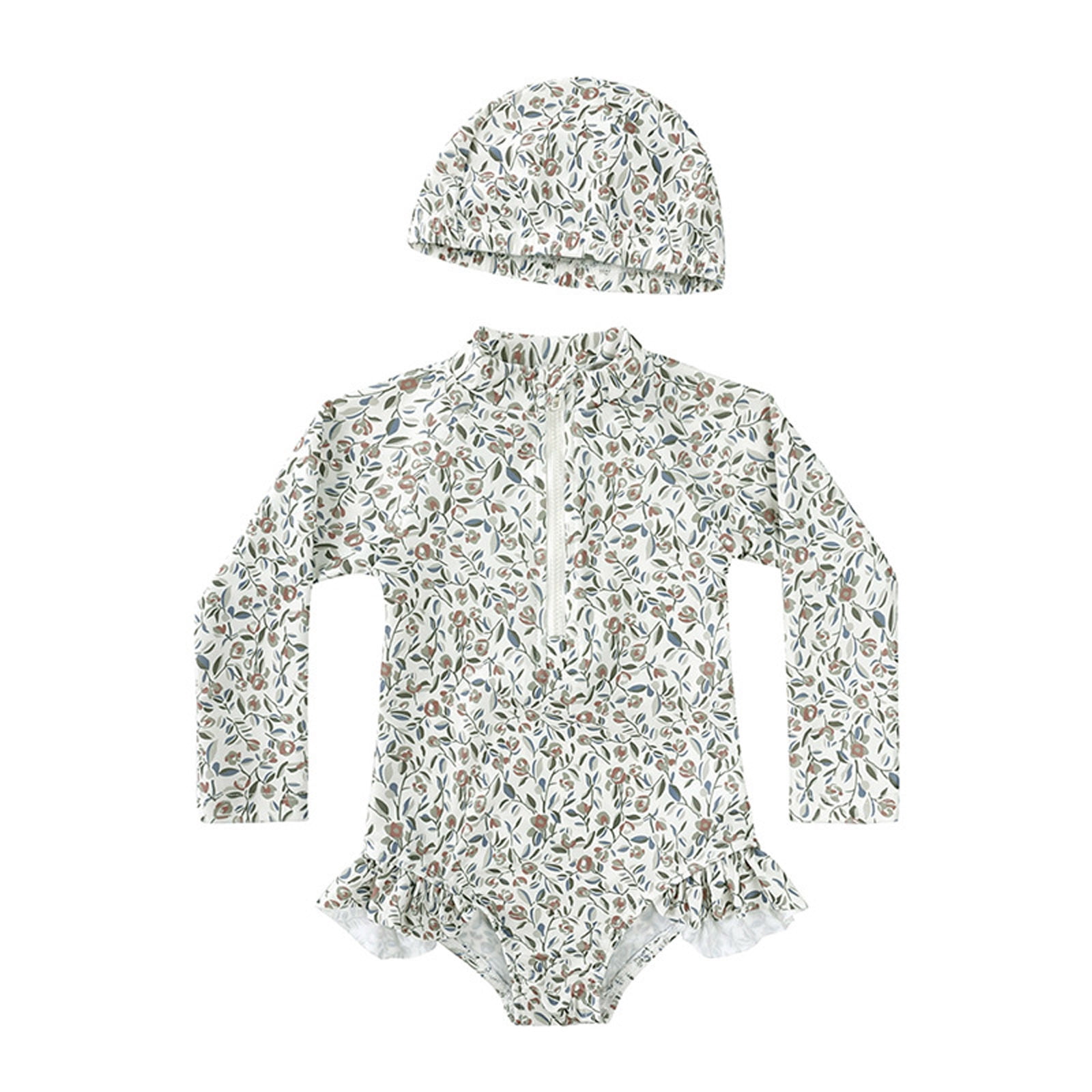 Little Girls One Piee Swimsuit Floral Print Ruffled Hem Bathing Suits 2 ...