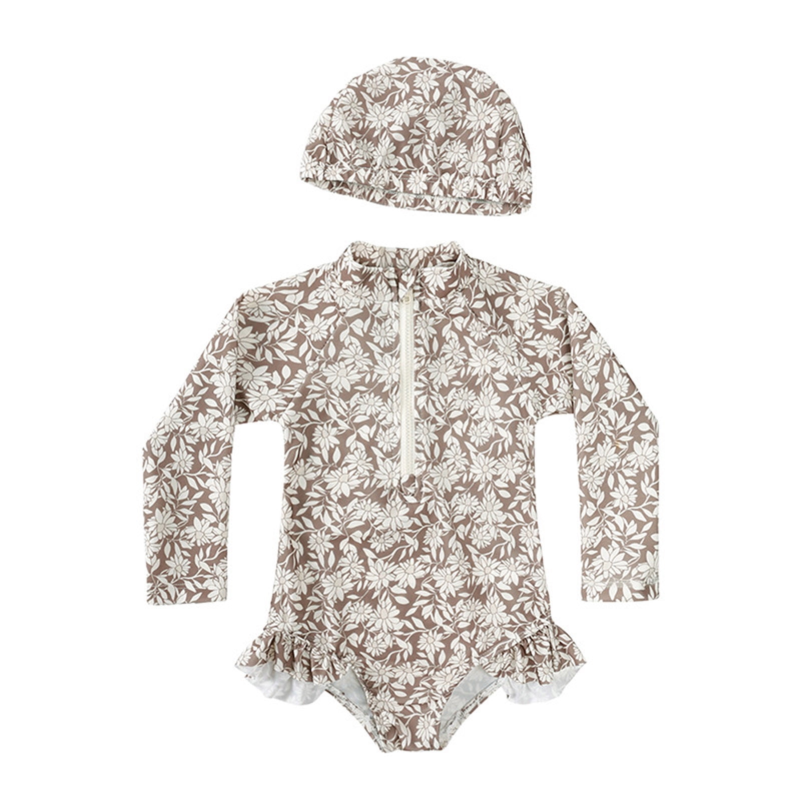 Little Girls One Piee Swimsuit Floral Print Ruffled Hem Swimsuit With ...