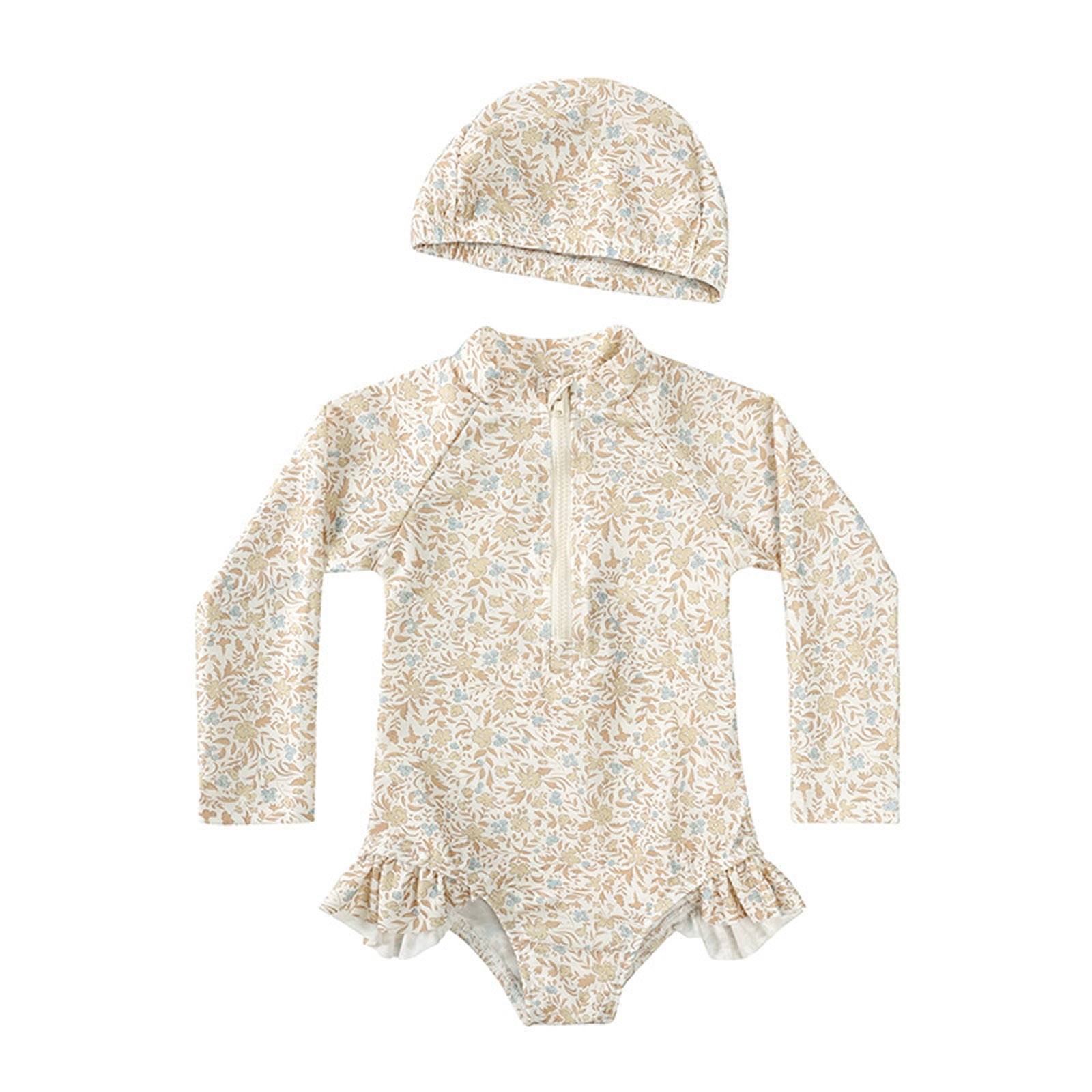 Little Girls One Piee Swimsuit Floral Print Ruffled Hem Swimsuit With ...