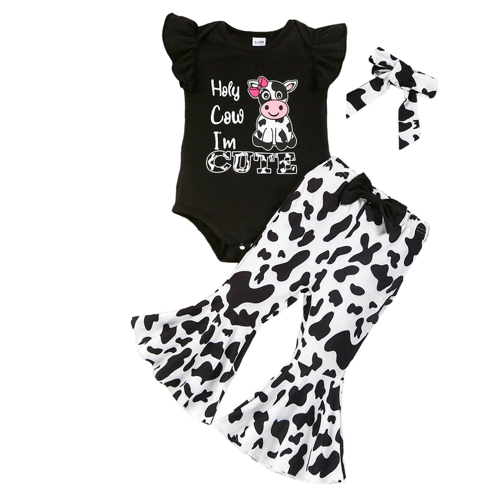 Little Girls Outfit Set 2Pcs Cow Words Prints Short Sleeve Tops Bell Bottom Pants Baby Clothes ...