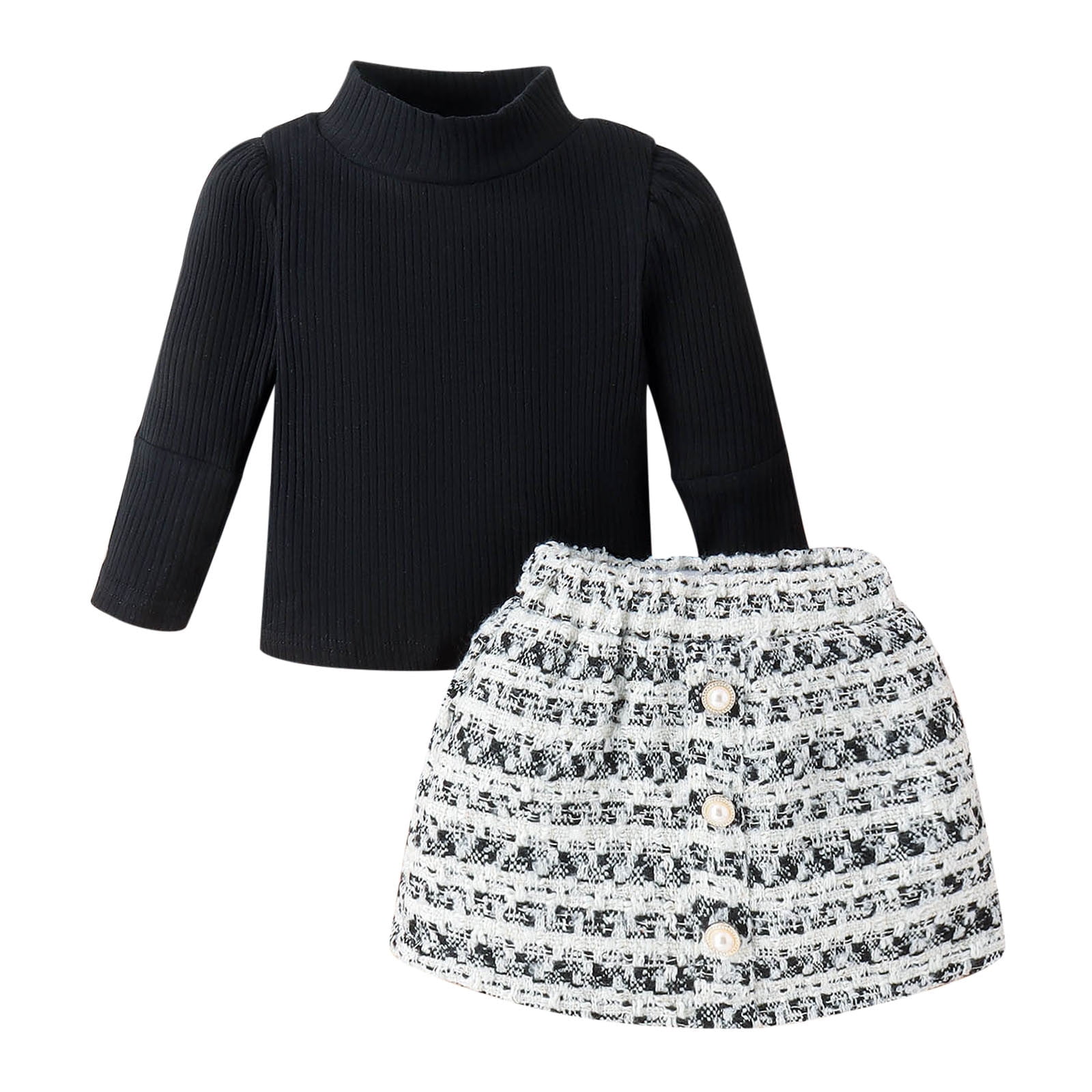 Little Girls Outfit Set 2Pcs Winter Long Sleeve Ribbed Tops Plaid Skirt ...