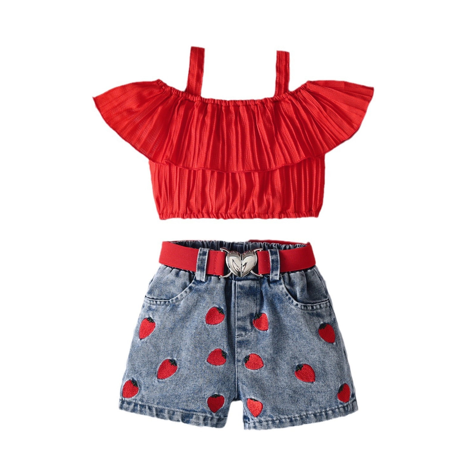 Little Girls Outfit Sets Off Shoulder T Shirt Tops Denim Strawberry ...