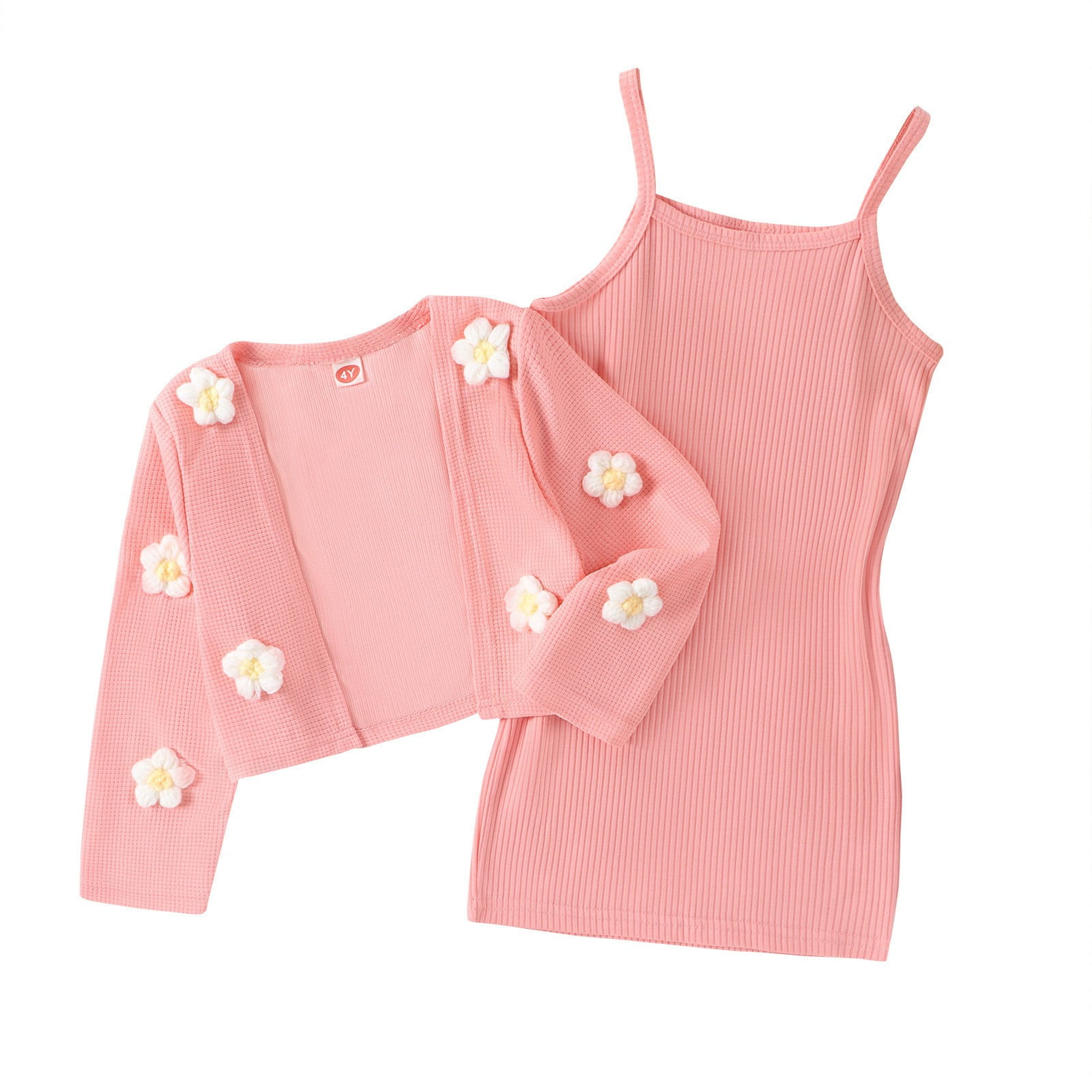 Little Girls Outfits Long Sleeve Solid Colour Ribbed Floral Knit Coat ...
